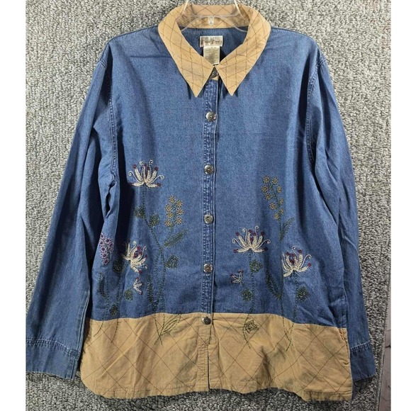 Bobbie Brooks | Tops | Bobbie Brooks Denim Shirt Floral Embroidered ...